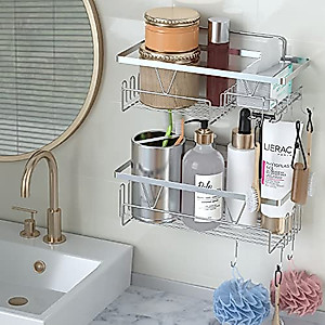 GARDIGER Shower Caddy Organizer, 2 Pack Stainless Steel Shower Shelf with 6 Hooks, No Drilling Adhesive Hanging Shower Storage Basket for Bathroom Kitchen (Silver)