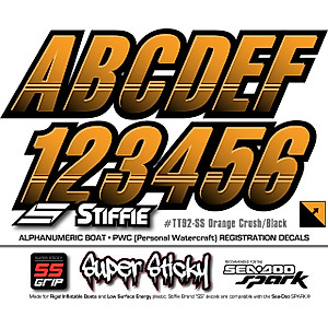 STIFFIE Techtron Orange Crush/Black SUPER STICKY 3" Alpha Numeric Registration Identification Numbers Stickers Decals for Sea-Doo SPARK, Inflatable Boats, RIBs, Hypalon/PVC, PWC and Boats.