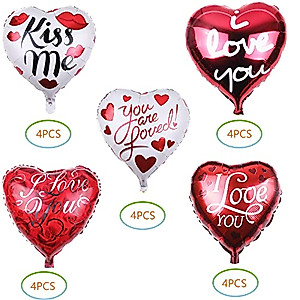 20Pcs Happy Valentines Day Foil Balloons Party Decorations Supplies, Heart Shaped I Love You Kiss Me Valentines Foil Balloons Romantic Love Decorations