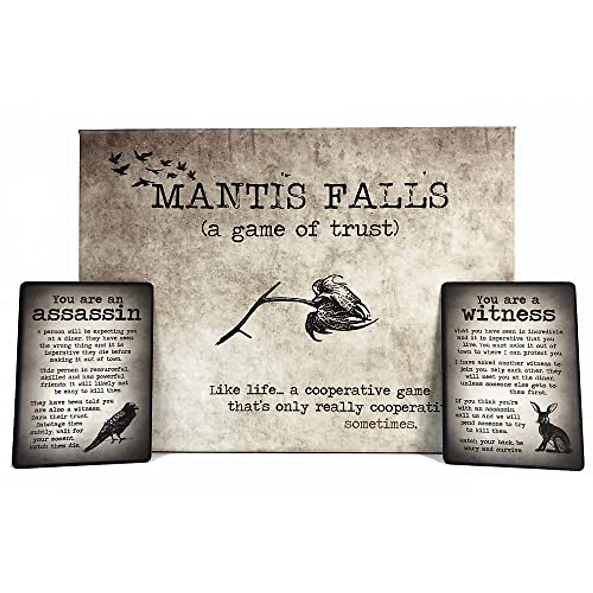 Mantis Falls Board Game | Hidden Traitor Strategy Card Game for 2-3 Players | Sometimes Cooperative Adventure Game for Adults and Teens | Ages 14+ | Playtime 60-90 Minutes | by Distant Rabbit Games