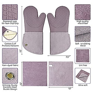 Professional microwave silicone oven mitts Yarn-dyed 1 pair and Kitchen Towels 2 pcs, kitchen lines set for heat resistant with 500 degrees, kitchen gloves pot holder for BBQ cooking baking (Purple)