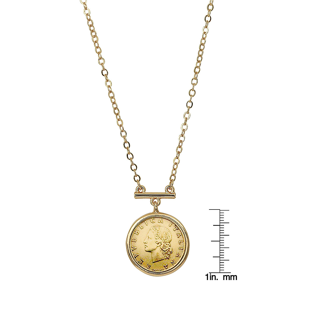 American Coin Treasures Italian 20 Lira Coin Pendant Bar Necklace | Goldtone Flat Cable | 18 Inch 3 Inch Extender with Lobster Claw Clasp | Certificate of Authenticity