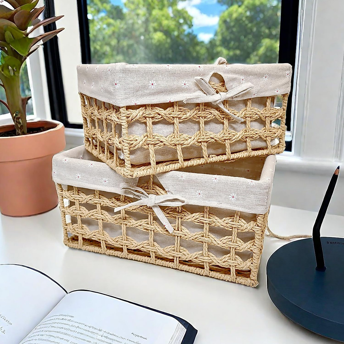 GIB Wicker Storage Baskets Set of 3, Hand-Woven Paper Rope Decorative Rectangular Small Wicker Baskets for Organizing, Cube Storage Bins for Shelves, Natural
