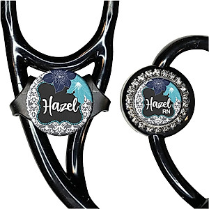 Custom Adjustable Blue Floral Yoke Stethoscope ID Name Tag - Fits All Stethoscopes, Personalized with Monogram and Occupation Title - Hospital Nurse Identification