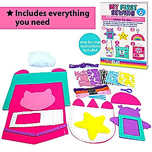 KRAFUN My First Sewing Kit for Beginner Kids Arts & Crafts, 6 Easy DIY Projects of Stuffed Animal Dolls and Plush Pillow Craft, Instructions & Felt, Gift for Girls, Boys, Learn to Sew, Embroidery
