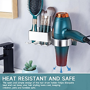 Oukimly Hair Dryer Holder Wall Mounted, Hair Tool Organizer, Stainless Steel Blow Dryer Holder, Adhesive Hair Dryer Hanger, Hairdryer Holder for Bathroom with Plug Hook and Storage Compartment