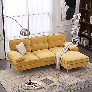 Karl home Sectional Sofa 83" L-Shape Sofa Couch 3-Seat Couch with Chaise ChenilleFabric Upholstered for Living Room, Apartment, Office, Yellow
