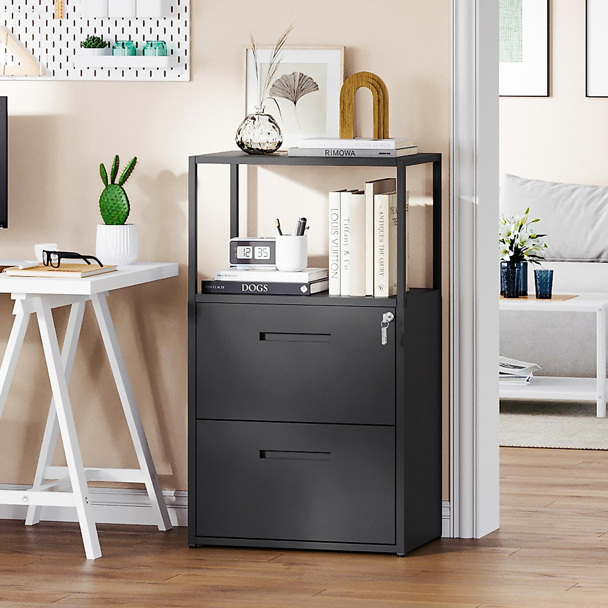 Letaya 2 Drawer Lateral File Cabinets with Lock,Metal Printer Stand Filing Organization Cabinets for Home Office,Hanging Files Letter/Legal/F4/A4 Size (Black)