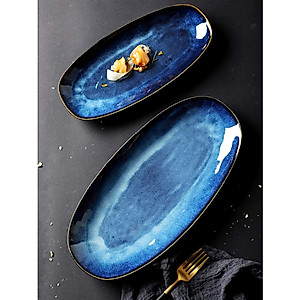 Cabilock Serving Platter Dishes Oval Dinner Plates Ceramic Serving Ware Party Trays Food Oven Safe for Turkey Meat Fish Appetizers Sushi Dessert Blue L
