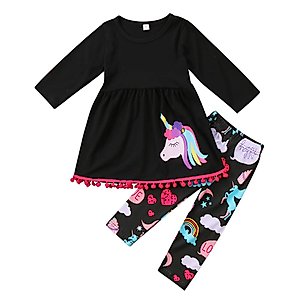 Fashion Kids Toddler Girl Long Sleeve Tunic Top Dress+Floral Pants Outfit Set Spring Fall Clothes (Black Unicorn, 5-6X)