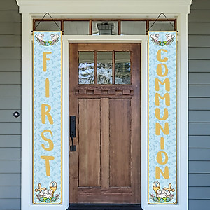 Blue First Communion Decorations Confirmation Porch Banner Baptism Front Porch Sign Christening 1st Communion Decoration and Supplies for Boys-12×71''