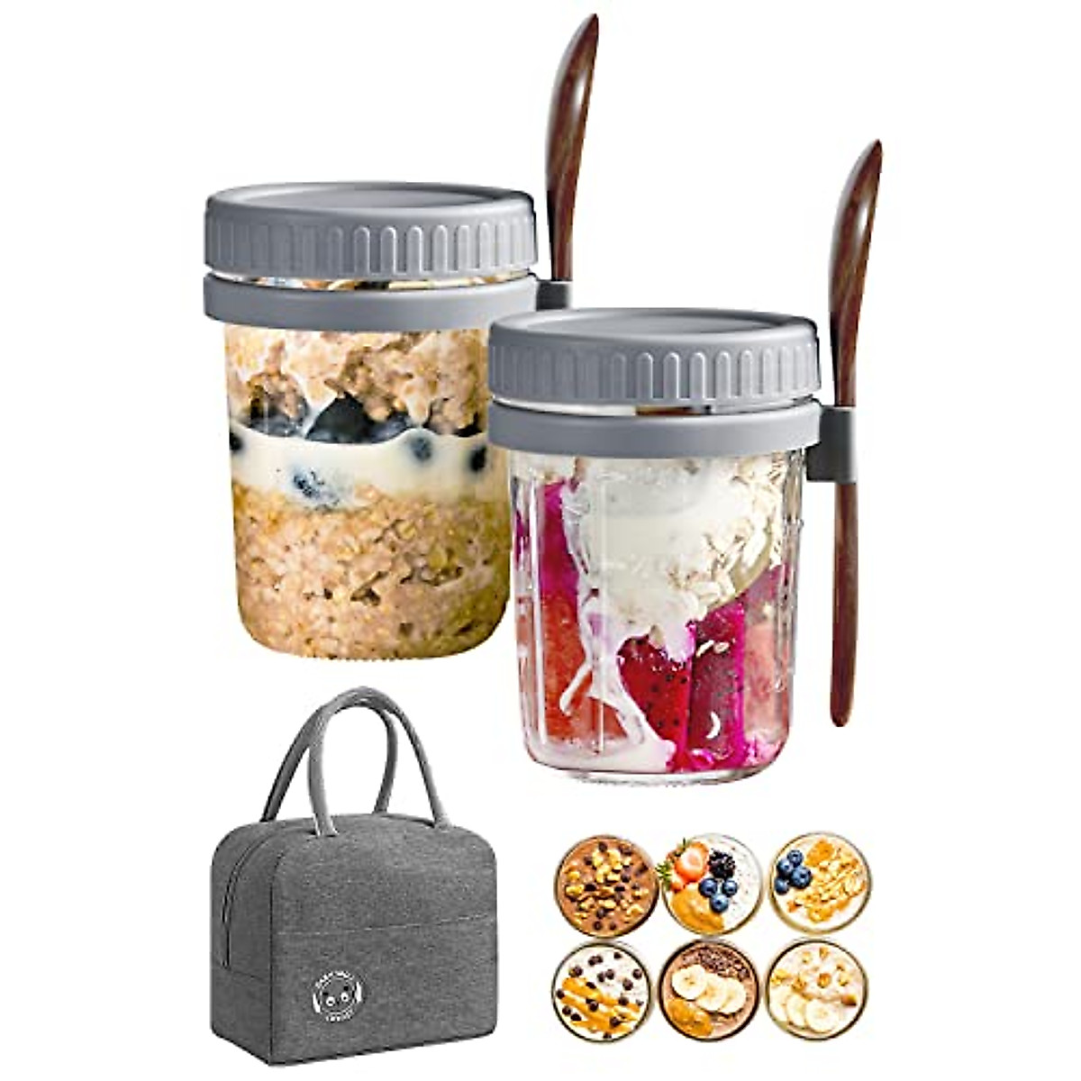 Overnight Oats Containers with Lids - 2pack Updated Design 10 oz Wide Mouth Mason Jar with Spoon Very Convenient for Use On The Go, Tight sealing glass jar ideal for home, office or to go