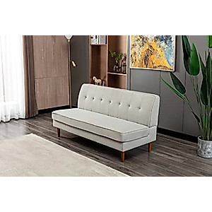 Aoowow Modern Armless Futon Sofa, Living Room Couch,Mid-Century Tufted Linen Upholstered Sofa Couch with Wood Legs for Compact Living Space, Apartment (Beige)