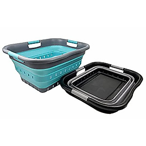SAMMART 41L (10.8 gallon) Set of 2 Collapsible 3 Handled Plastic Laundry Basket-Foldable Pop Up Storage Container/Organizer-Space Saving Hamper/Basket (Alloy Grey + Crystal Blue)