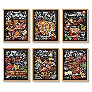 Luodroduo Kitchen Poster Wall Art Print Set of 6 Retro Fast Food Canvas Wall Decor Hamburger Pizza Sandwich Bacon Egg Pictures for Modern Family dining room Restaurant Kitchen (8"x10" UNFRAMED)