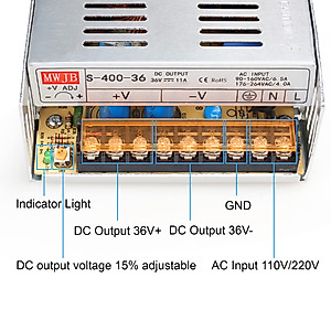 36V/11A DC Power Supply Adapter 400W 110V/220V DC Power Supply with Fine Adjustment Knob AC 110V to DC 36V Voltage Regulator Transformer Built in Cooling Fan