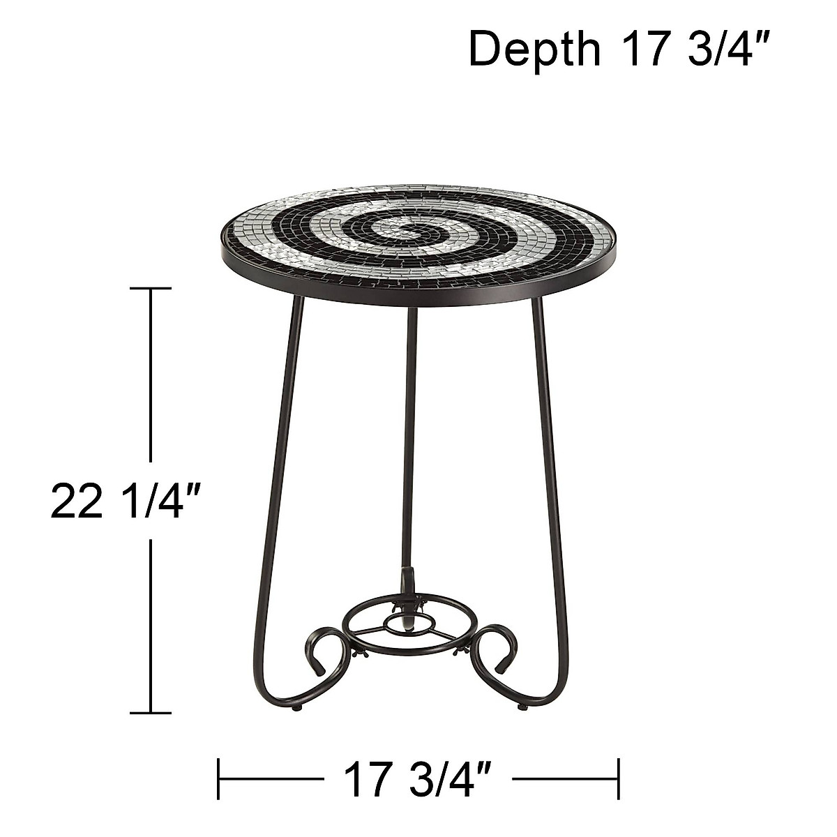 Teal Island Designs Spiral Modern Black Metal Round Outdoor Accent Side Table 17 3/4" Wide Black White Mosaic Tile Tabletop Gracefully Curved Legs for Spaces Porch Patio Home House Balcony Deck