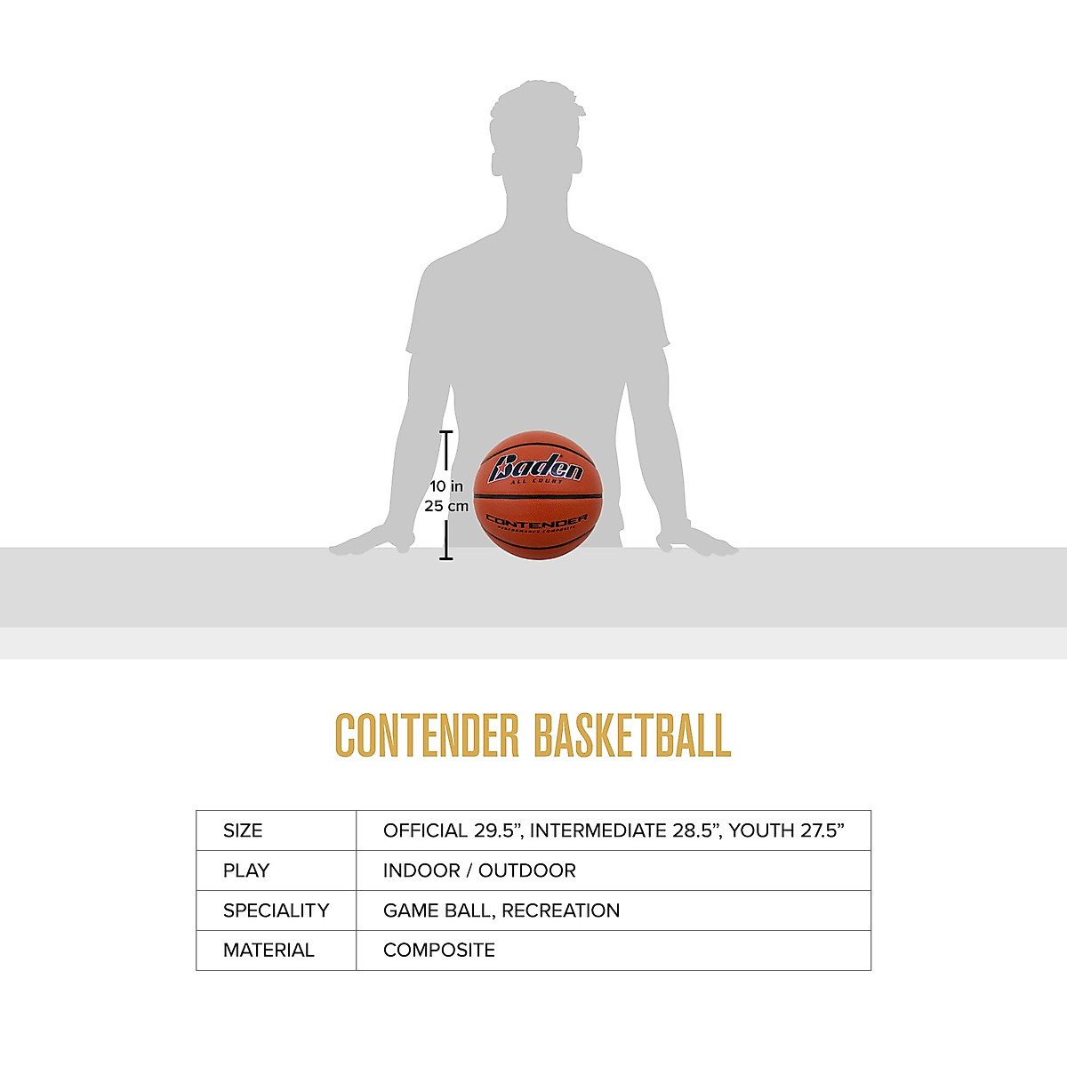 Baden Contender Official Basketball | Durable Indoor-Outdoor Basketball for Youth & Adults, Wide Channel, Natural Orange, 28.5-Inch