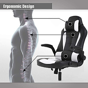 OffiClever Racing Style Office High Back Desk Executive PU Leather Rolling Task Swivel Computer with Lumbar Support Headrest, White