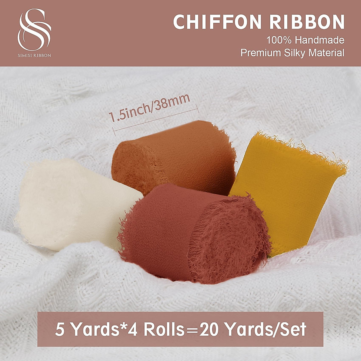 Fall Orange Chiffon Ribbon Handmade Frayed Fringe Sheer Boho Silk Ribbons for Gift Wrapping, Floral, Wedding Invitations, Bouquet, 1-1/2'' 5 Yards*4 Rolls