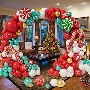 AobkDeco 153PCS Christmas Balloon Garland Arch Kit Red White Gold balloons Candy Foil Balloons Candy Cane Balloons Printing Snowflake Balloons for Christmas Party Decorations