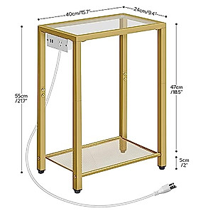 HOOBRO End Tables Set of 2, Side Table with Charging Station, 2-Tier Nightstands with Storage Shelves, Small Space Bedside Table, Telephone Table, Tempered Glass, Living Room, Gold GD56UBZP201