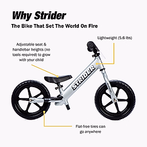 Strider 12” Pro Bike, Silver - No Pedal Balance Bicycle for Kids 18 Months to 5 Years - includes Safety Pad, Padded Seat, Mini Grips, Flat-Free Tires & Number Plate - Tool Free