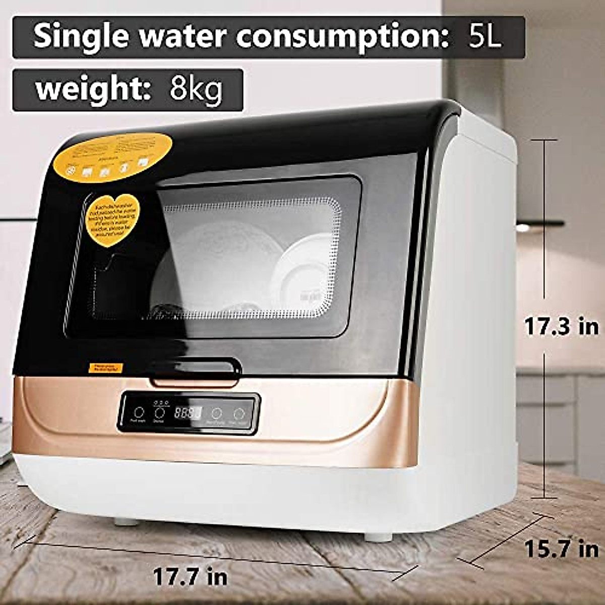HAIMIM Portable Countertop Dishwasher,4 Washing Programs, Air-Dry Function and LED Light for Small Apartments, Dorms and RVs (Golden)