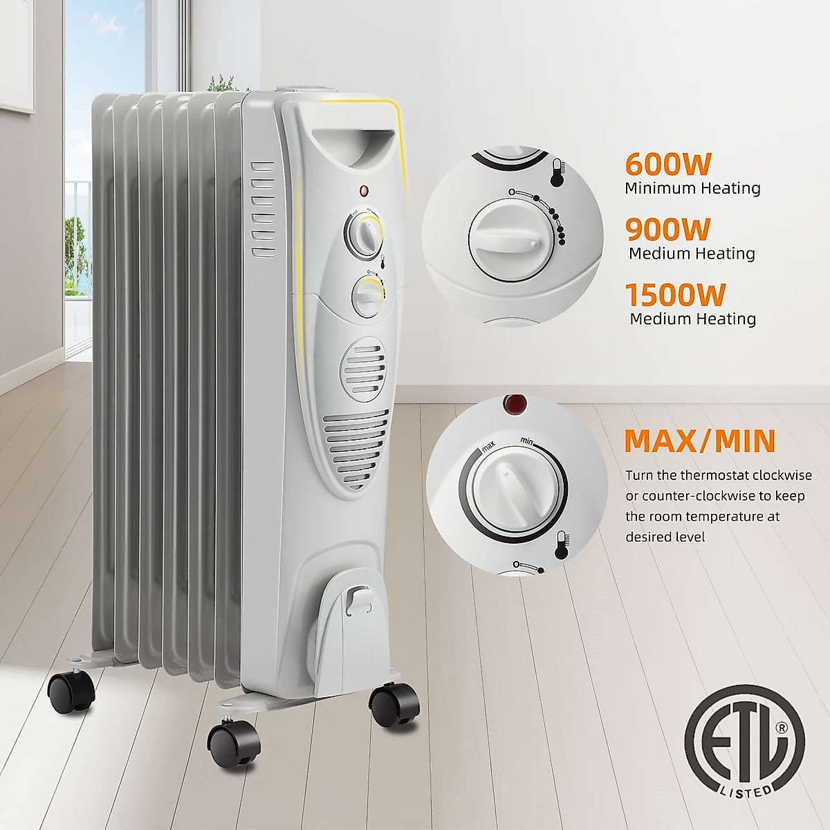 R.W.FLAME Oil Filled Radiator Heater,3 Heat Settings, Adjustable Thermostat, Portable Space heater, Quiet Heater with Tip-over & Overheating Functions(27", Grey)