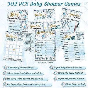 Jetec 302 Pcs Blue Elephant Theme Baby Shower Games, 6 Games, 50 Sheets Each, Include Baby Shower Bingo, Word Scramble, Word Search, Baby Predictions and Advice, The Price is Right, Guess Who