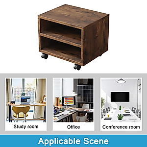 HANYEE Printer Stand with Storage - Wood Under Desk Printer Table with Wheels 15.7x11.8x14 Inch, 2 Tier Small Retro Brown Multifunctional Desktop Manager for Fax Machine, Scanner, Files(Rustic Brown)