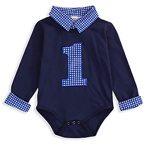 Baby Boy First Birthday Clothes Plaid Stand Collar Long Sleeve Romper Jumpsuit Cake Smash Outfit (Navy Blue, 15 Months)