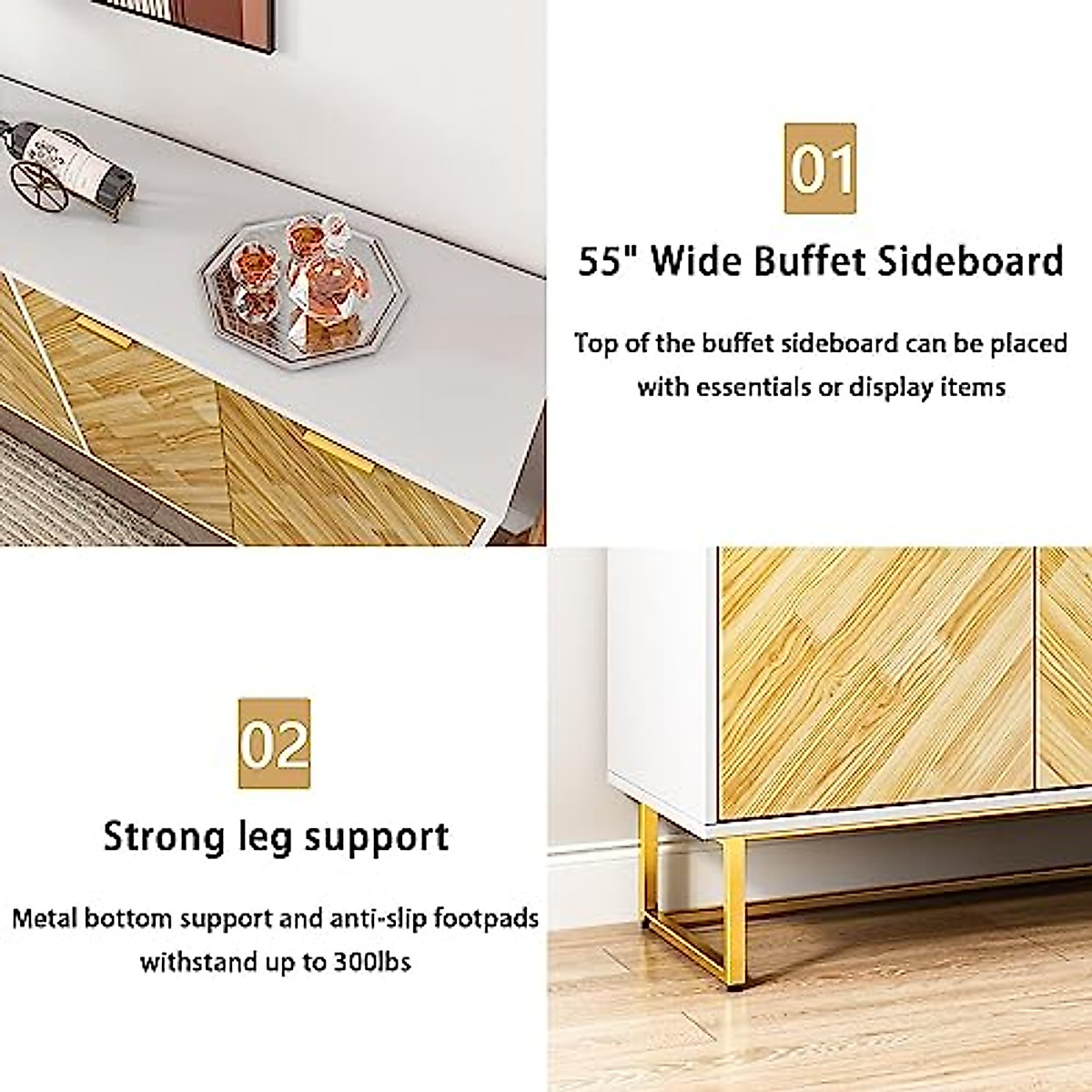 Accent Cabinet with 2 Doors, White Buffet Sideboard Cabinet with Gold Metal Base, Kitchen Accent Storage Cabinet Console Table with Adjustable Shelf, Boho Cabinet Credenzas for Living Room