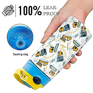 Construction Vehicles Pattern Water Bottle Stainless Steel Water Cup Coffee Mug with Straw for Home Sports Travel Blue-Style