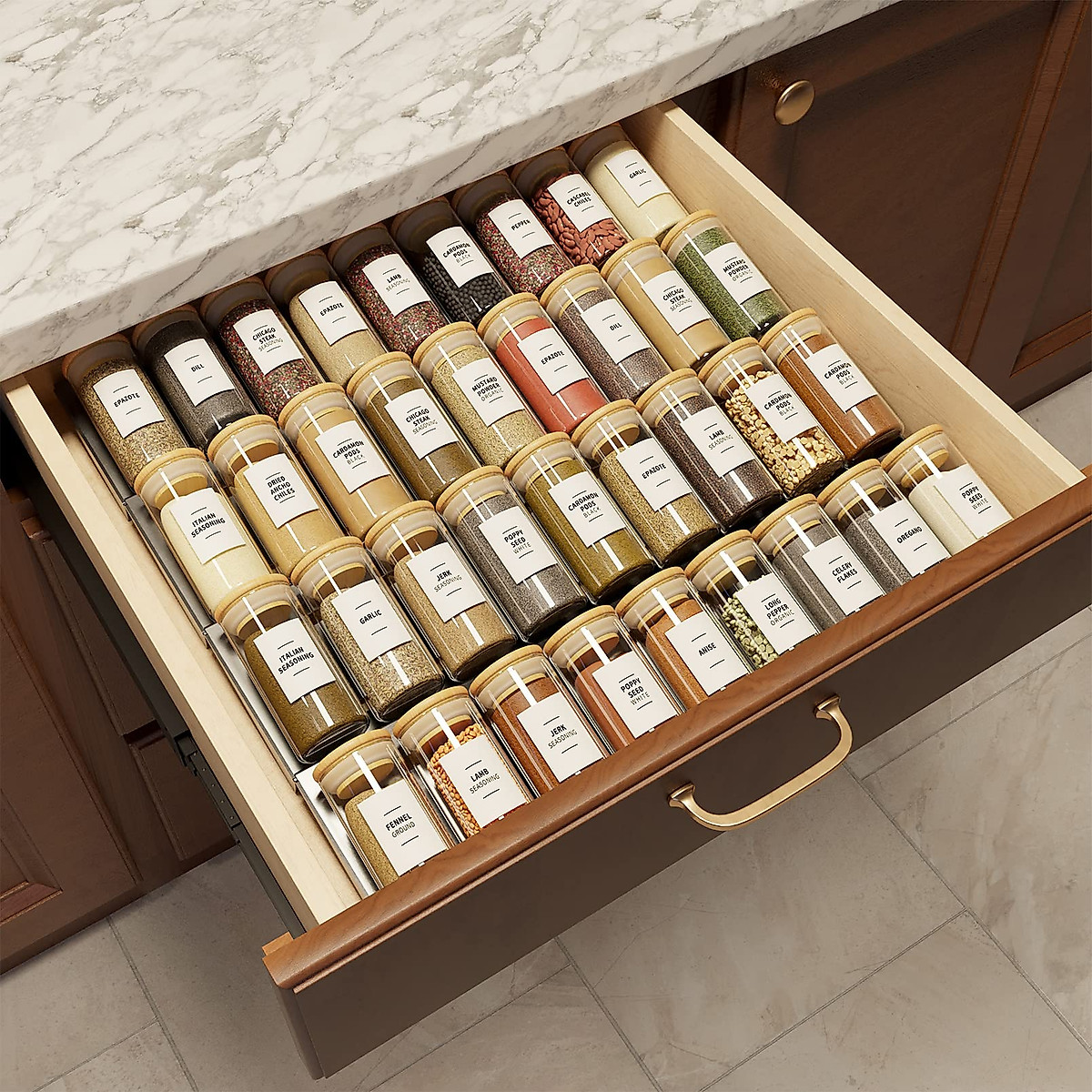 SpaceAid 24 Pcs Spice Jars with Bamboo Lids and Labels, Empty 4oz Glass Spice Bottles, Minimalist Farmhouse Spice Labels Stickers with Funnel, Seasoning Containers for Spice Rack, Cabinet and Drawer