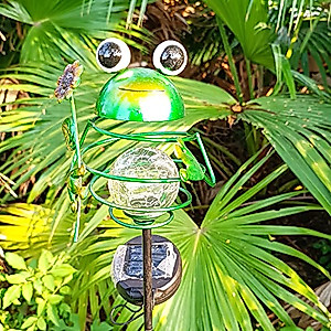 Garden Solar Lights Pathway Outdoor Frog Beetle Dragonfly owl Crackle Glass Globe Stake Metal Lights,Waterproof Warm White LED for Lawn,Patio or Courtyard (Frog)