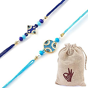 HATHKAAM Set of 2 Designer Evil Eye Blue Rakhi | Traditional Handmade Rakhi for Brother Bhai | Rakhi Bracelet for Bhaiya Combo Gift made with fine Threads for Rakhsha Bandhan (HKR2006)