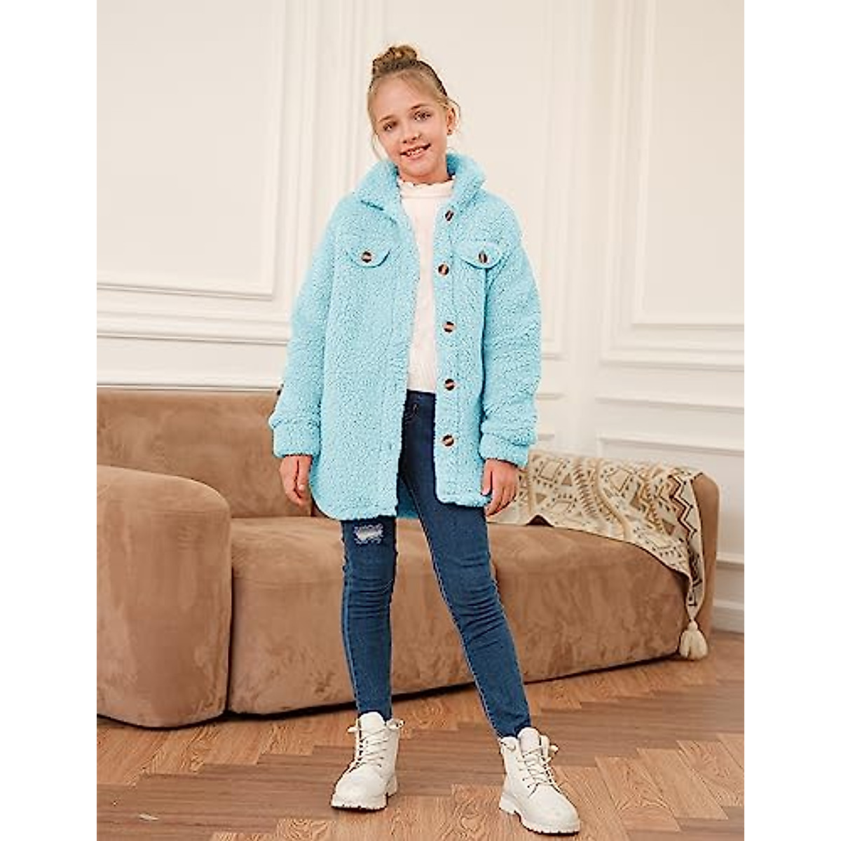Haloumoning Girls Fuzzy Fleece Jacket Casual Button Down Sherpa Overcoat Faux Fur Jackets Outwear 4-15 Years