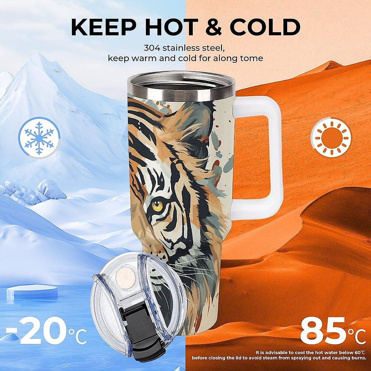 MNVTSKOP 40 Oz Tumbler With Handle And Straw White Year of The Tiger Tiger Face Printed Stainless Steel Car Cup Coffee Mug Leak Proof Insulated Water Bottle for Travel Camping Gym