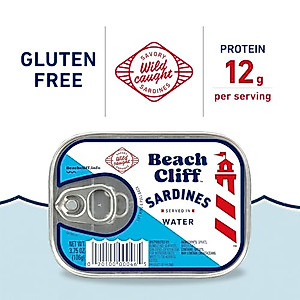Beach Cliff Sardines in Water, 3.75 oz Can (Pack of 12) - Wild Caught Sardines - 12g Protein per Serving - Gluten Free, Keto Friendly