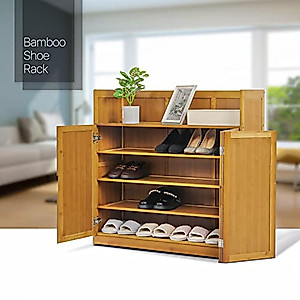 MoNiBloom 4 Tier Shoe Cabinet, Bamboo Free Standing Shoe Shelf Oragnizer Storage with Doors & High Baffle for 16-20 Pairs Home Entryway Hallway Office Bedroom, Brown
