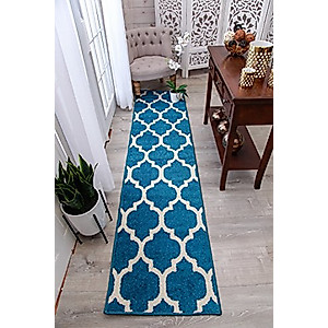 Luxury Morrocan Trellis Runners Two Colors Blue and White Narrow Rug Runner Area Rugs Morrocan Trellis for Hallway Runners Rug for Kitchen Blues, 2x8 Runner Rugs