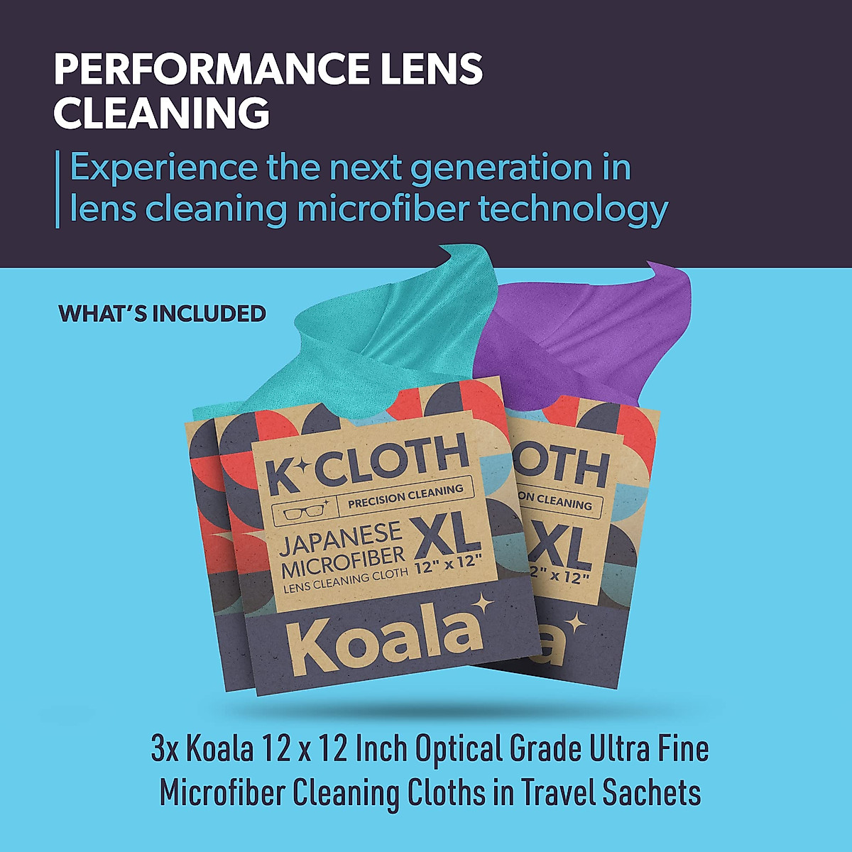 Koala Lens Cleaning Cloth | Japanese Microfiber | Glasses Cleaning Cloths | Eyeglass Lens Cleaner | Eyeglasses, Camera Lens, VR/AR Headset, and Screen Cleaning | Blue & Purple (Pack of 3)