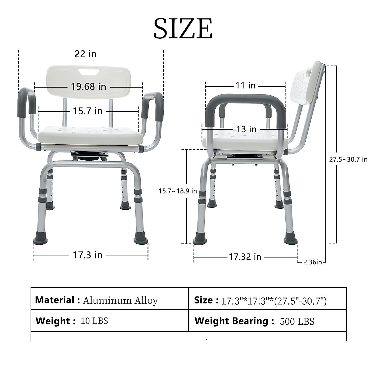 KUNTOM Swivel Shower Chair Bath Chair Height Adjustable with Arms and Back, Aluminum Alloy Frame with Locking Mechanism White