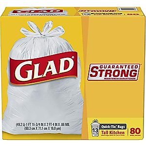 GLAD Tall Quick-Tie Trash Bags, 13 Gallon White Trash Bags for Tall Kitchen Trash Can, 80 Count - Packaging May Vary