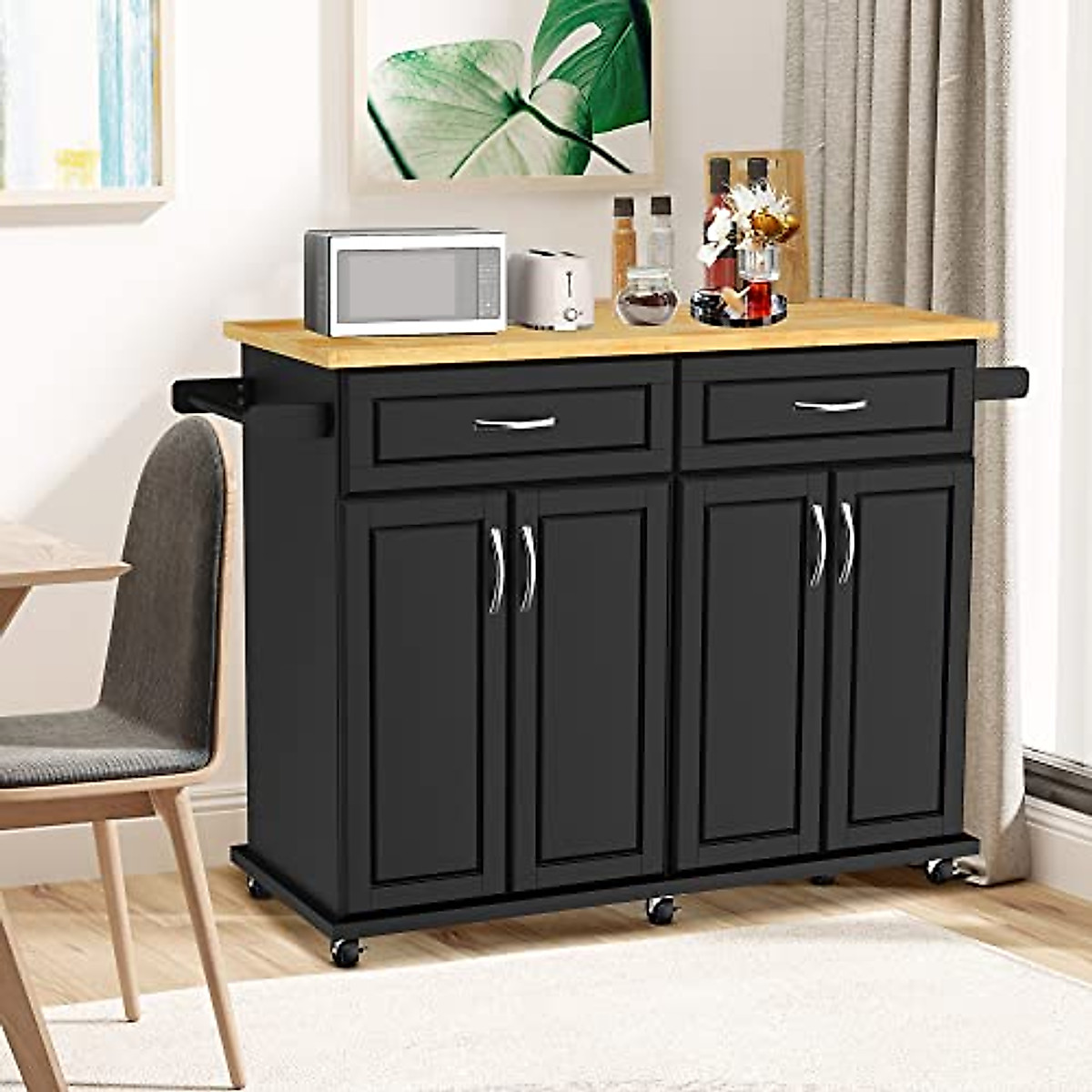 Codesfir Kitchen Island Cart with Storage Cabinet, Kitchen Island on Wheels with Drawer and Towel Rack, Rubber Wood Top, L48xW18xH36 Inches, Black