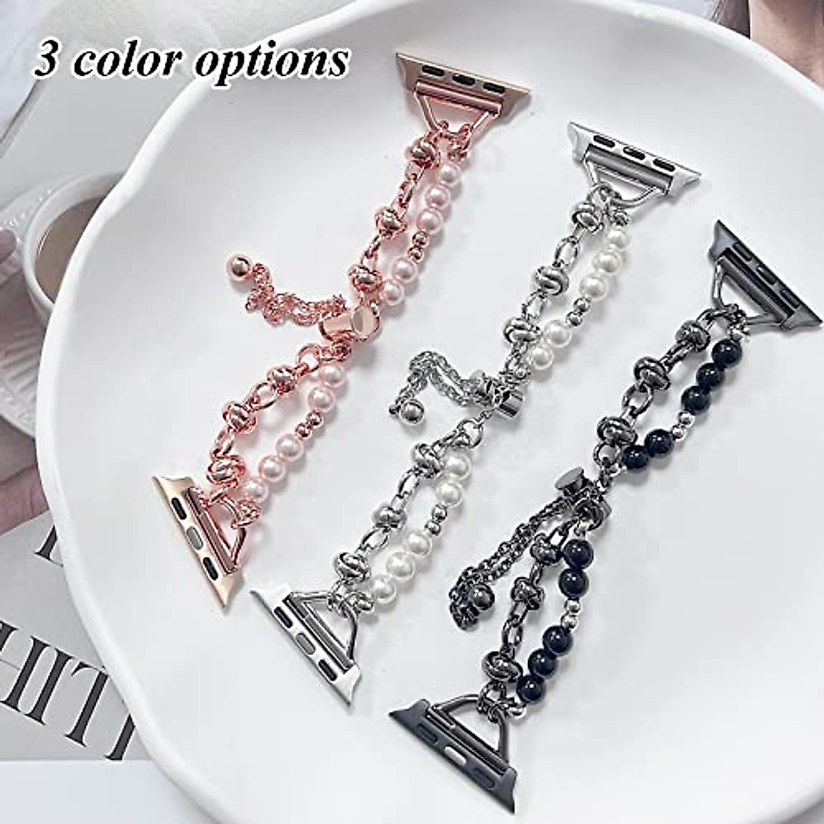 Maymosa Beaded Bracelet Compatible for Apple Watch Band Series Ultra Se 8 7 6 5 4 3 2 1 Pearl Stainless Steel Metal Handmade Beaded Strap 38mm 40mm 41mm, Adjustable Replacement Strap for Women