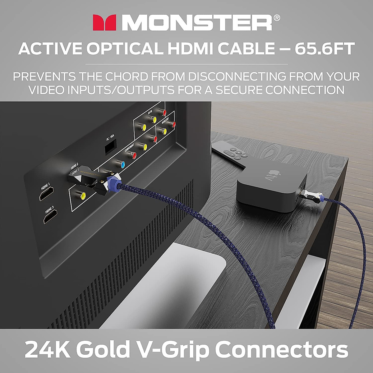 Monster M-Series Active Optical Lightwave Cable Certified Premium HDMI 2.1-48 Gbps Cable with Aluminum Extrusion Connector, V-Grip, Duraflex Protective Jacket - Supports 8K @ 60HZ, 4K @ 120HZ, 65.6 FT