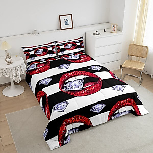 Lips Comforter Set King Size for Women Adult Girls Room Decor Romantic Purple Diamond Bedding Set 3pcs Black Geometric Stripes Quilt Set Valentine's Day Duvet Insert,2 Pillowcases
