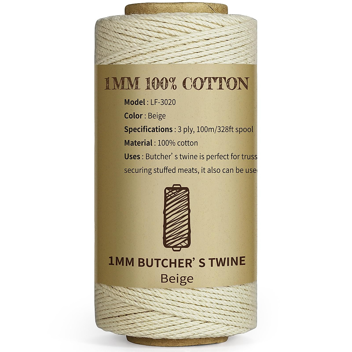 TJ.MOREE Butchers Twine, 3Ply 100m/328 1mmThick Feet Food Safe Cotton Cooking Meat Rope String Bakers Twine Fit to Parcel Sausage and Decorate Crafts (White)